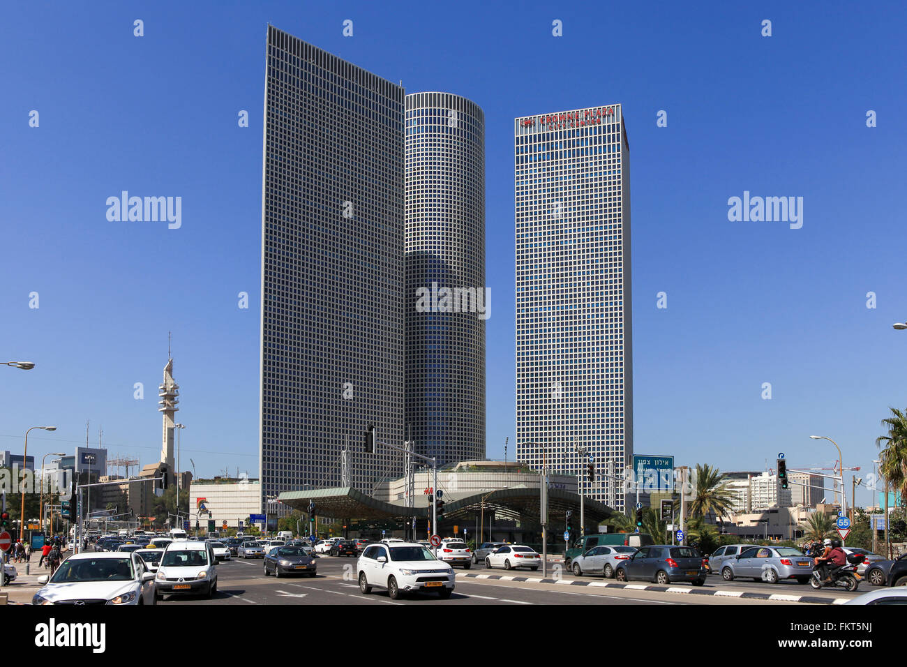 Tel Aviv's Hashalom central junction with traffic and the 3 Azrieli ...