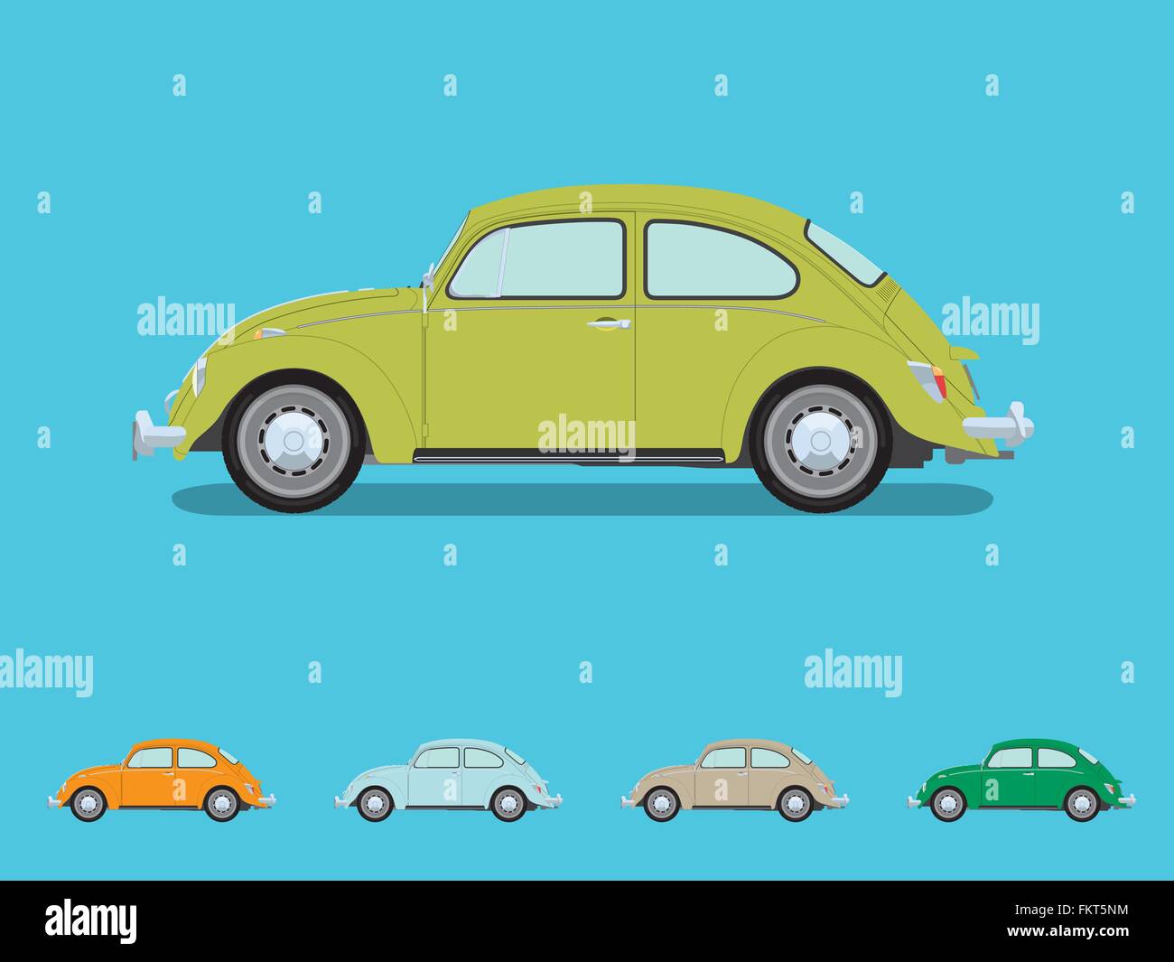 Vintage Volkswagen Beetle detailed side view, five color variations ...