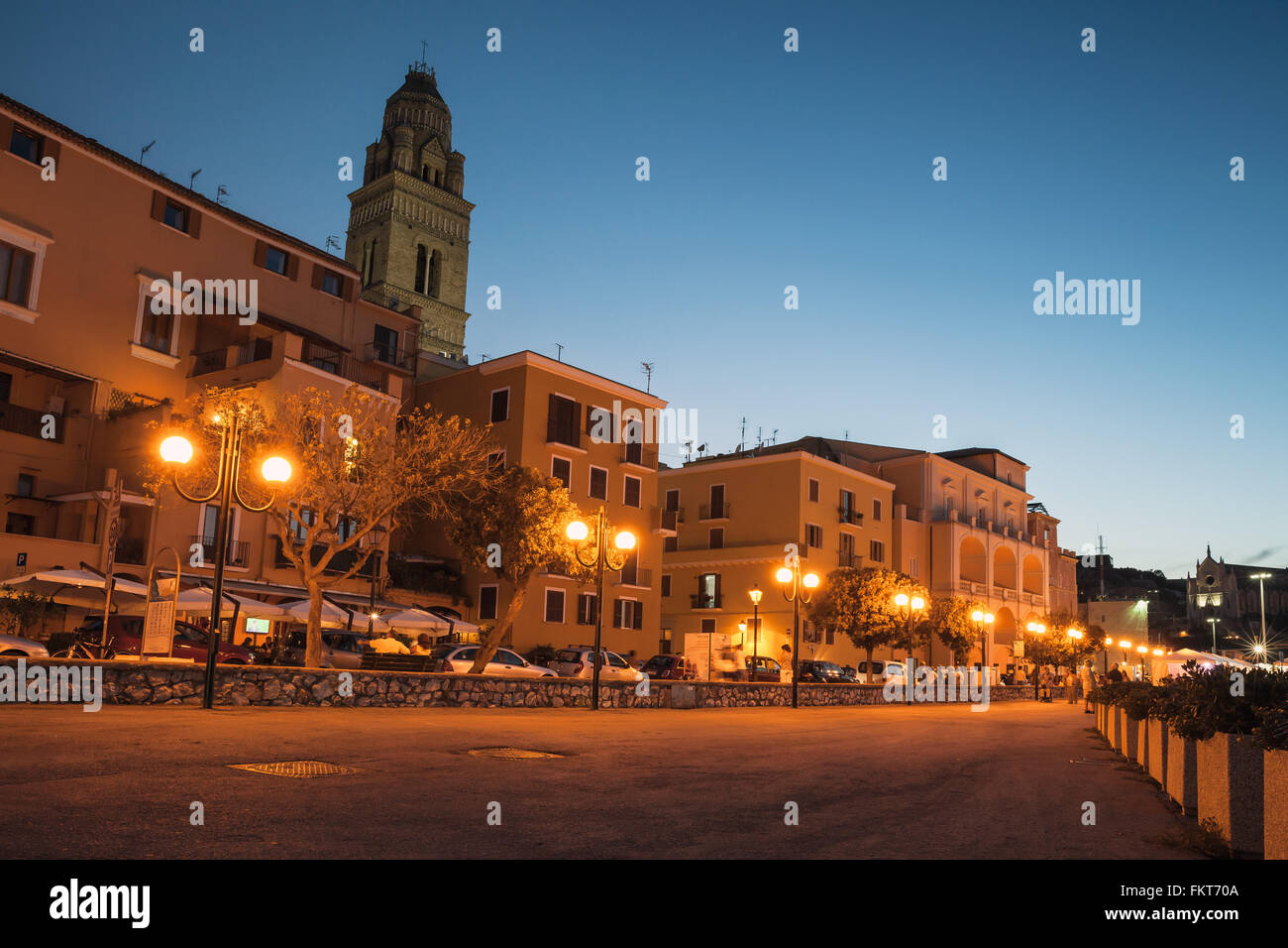 Night cityscape of old Gaeta town with Bell tower of the Cathedral ...