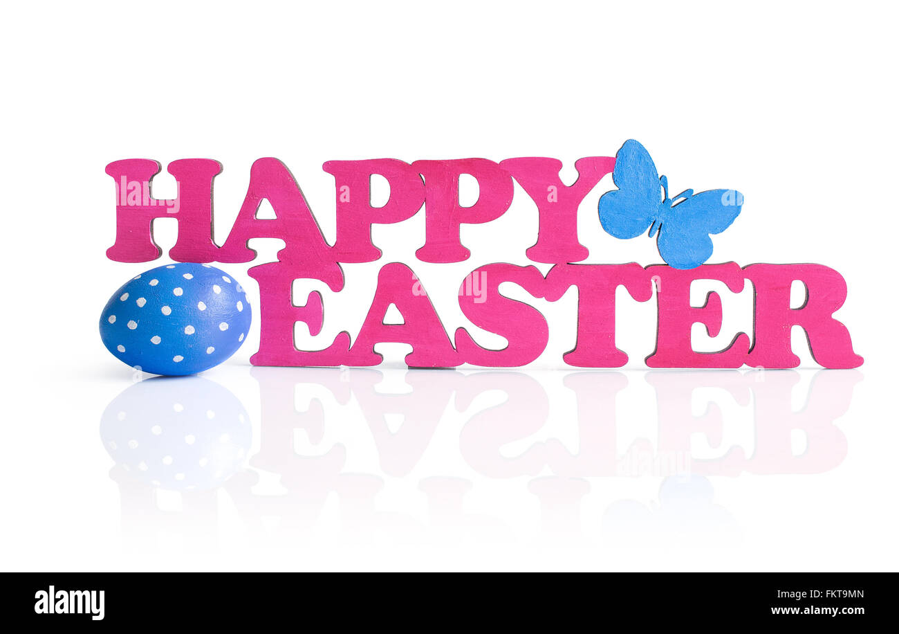 Pink words "happy easter" and blue easter egg isolated on white Stock ...