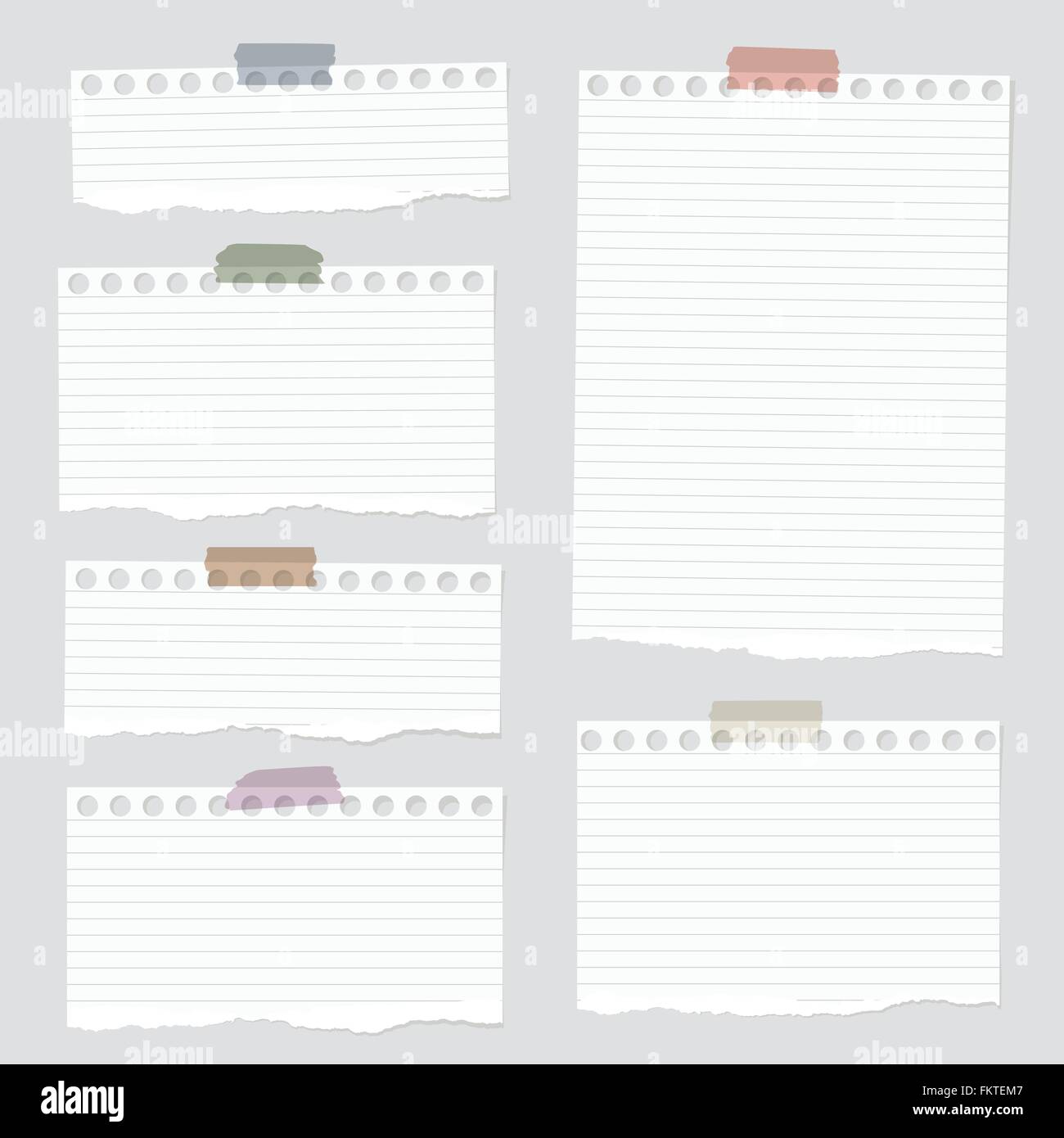 Pieces of torn white blank lined note paper with colorful sticky tape ...