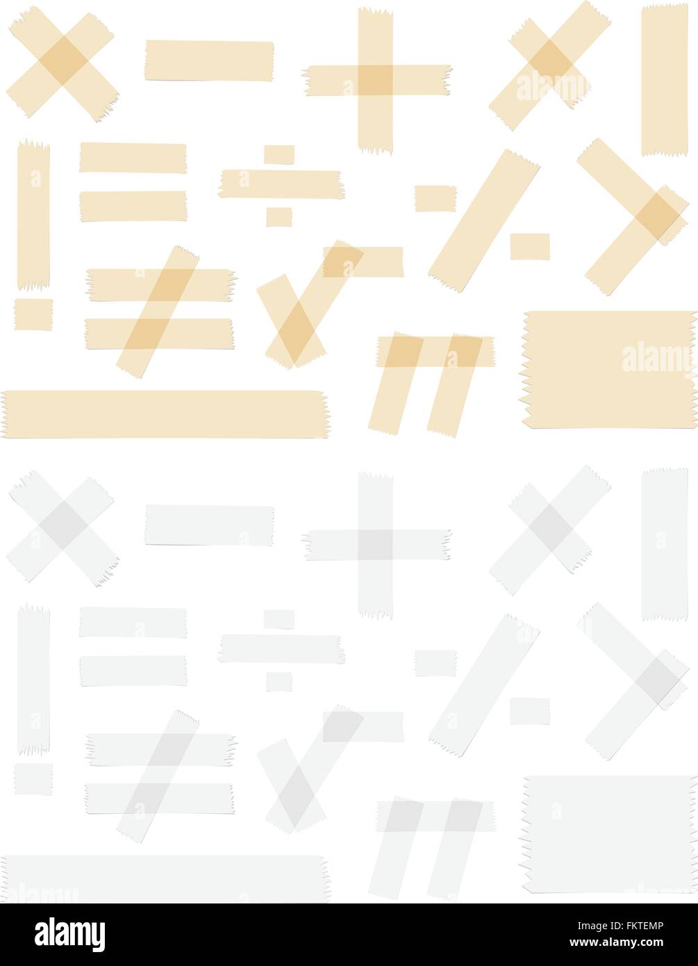 Symbols and different size sticky, adhesive tape pieces on white ...