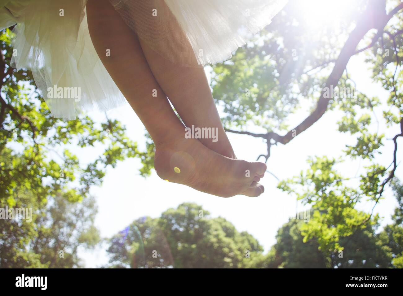 Young woman, legs dangling through trees, focus on legs Stock Photo - Alamy