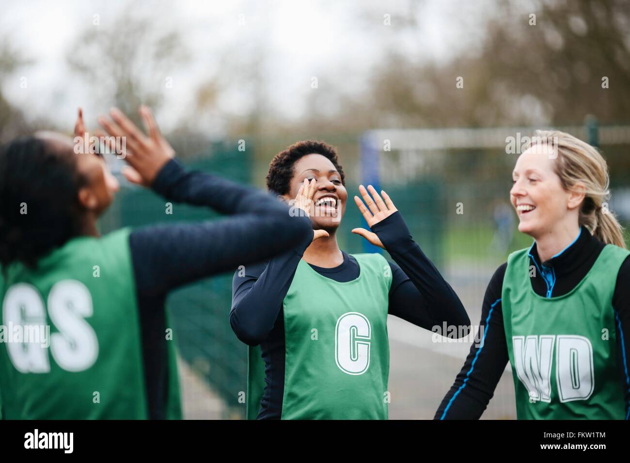 Adult female netball team celebrating win on netball court Stock Photo ...
