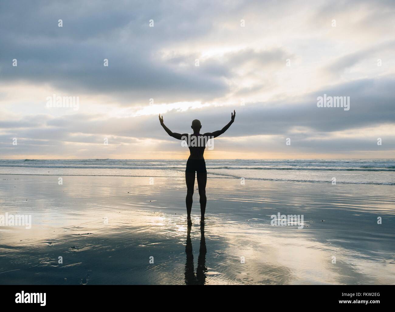Silhouette of person raising arms on beach Stock Photo - Alamy
