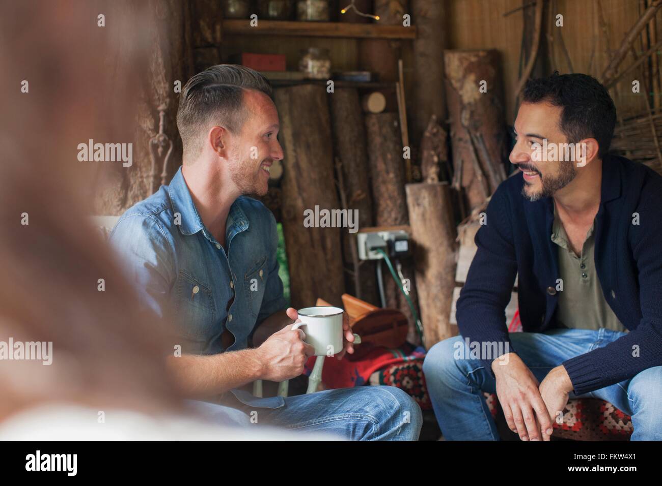 Over the shoulder view of two men talking in cabin Stock Photo - Alamy