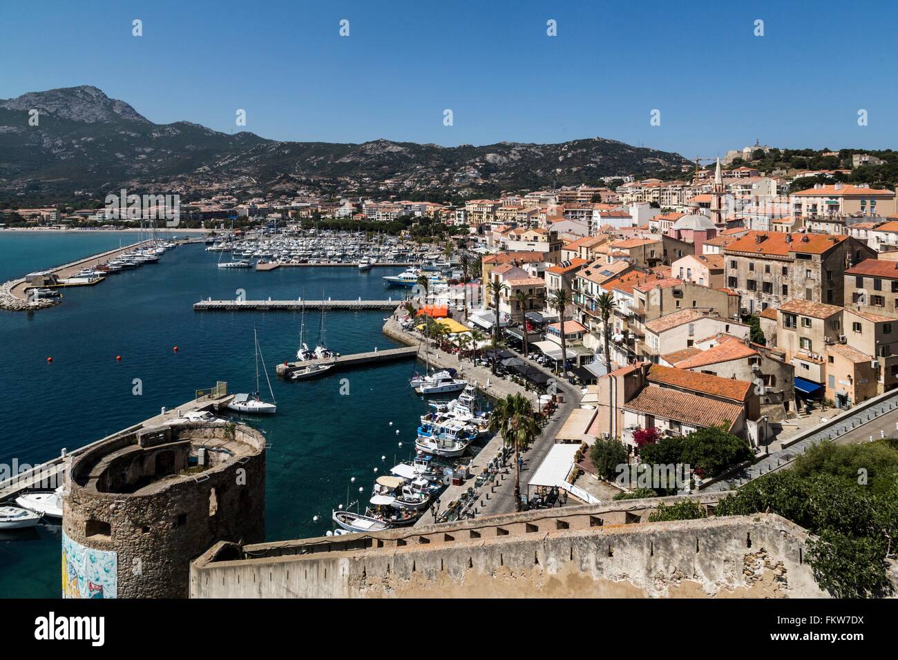 Elevated view city walls and waterfront, Calvi, Corsica, France Stock ...