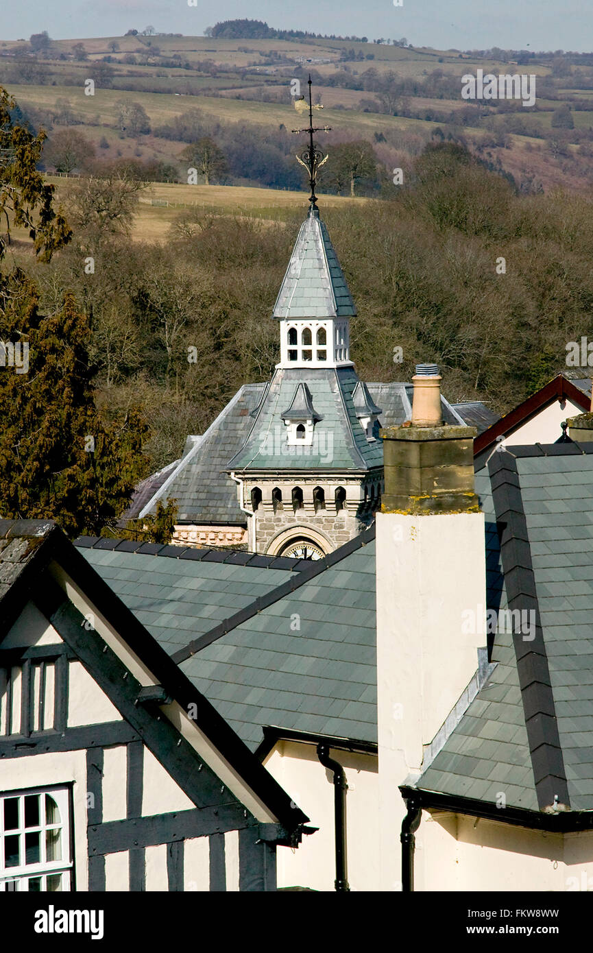 A rooftop view of the clock tower in Hay on Wye showing the Radnorshire ...
