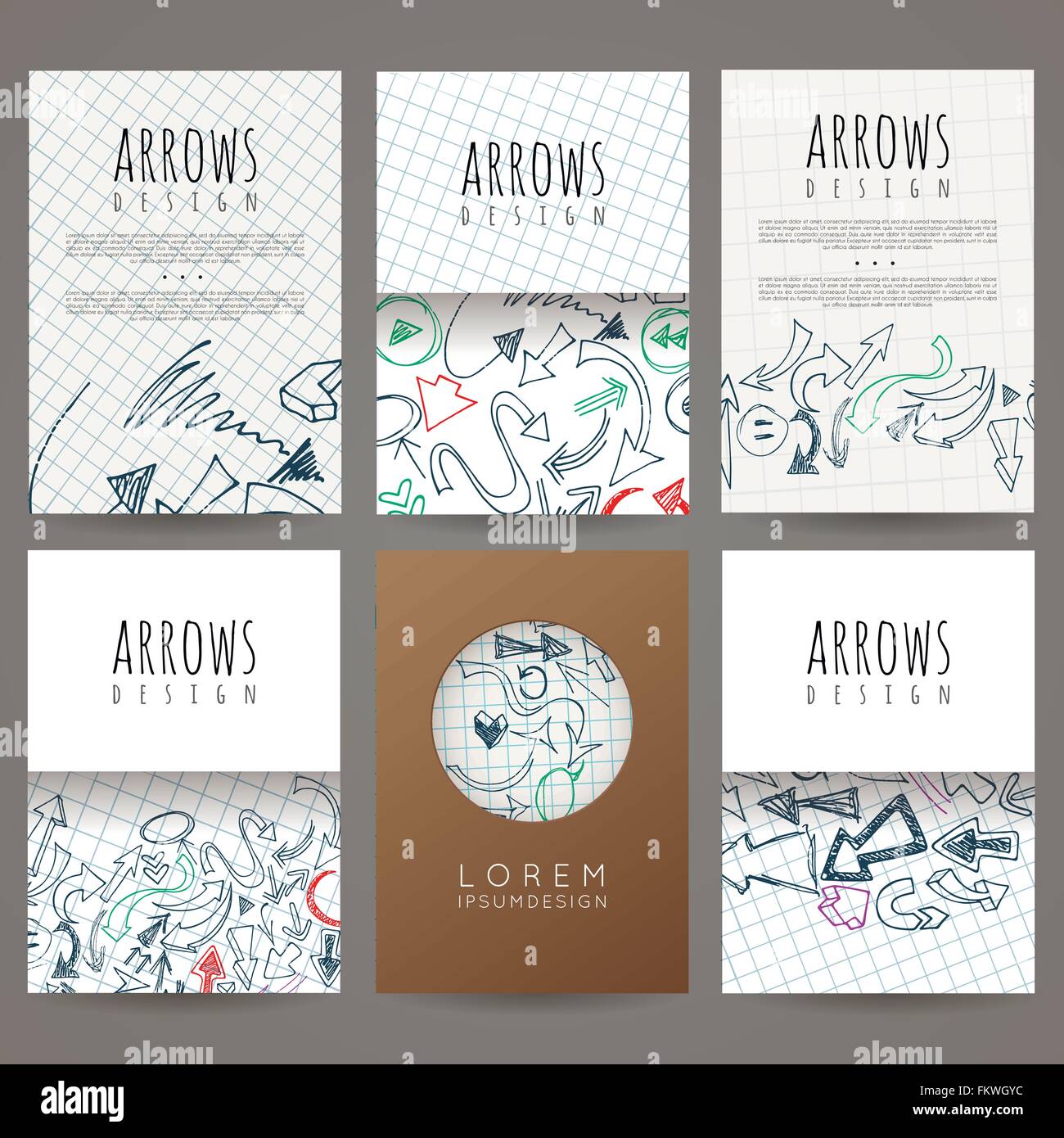 Set of six vector designs of hand-drawn arrow. Cover design, brochures ...
