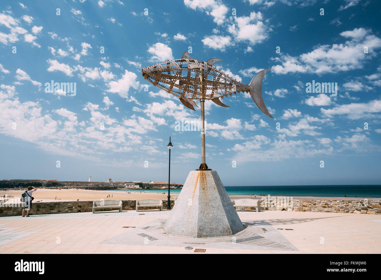 Tarifa, Spain - June 21, 2015: Weather vane in shape tuna on background ...