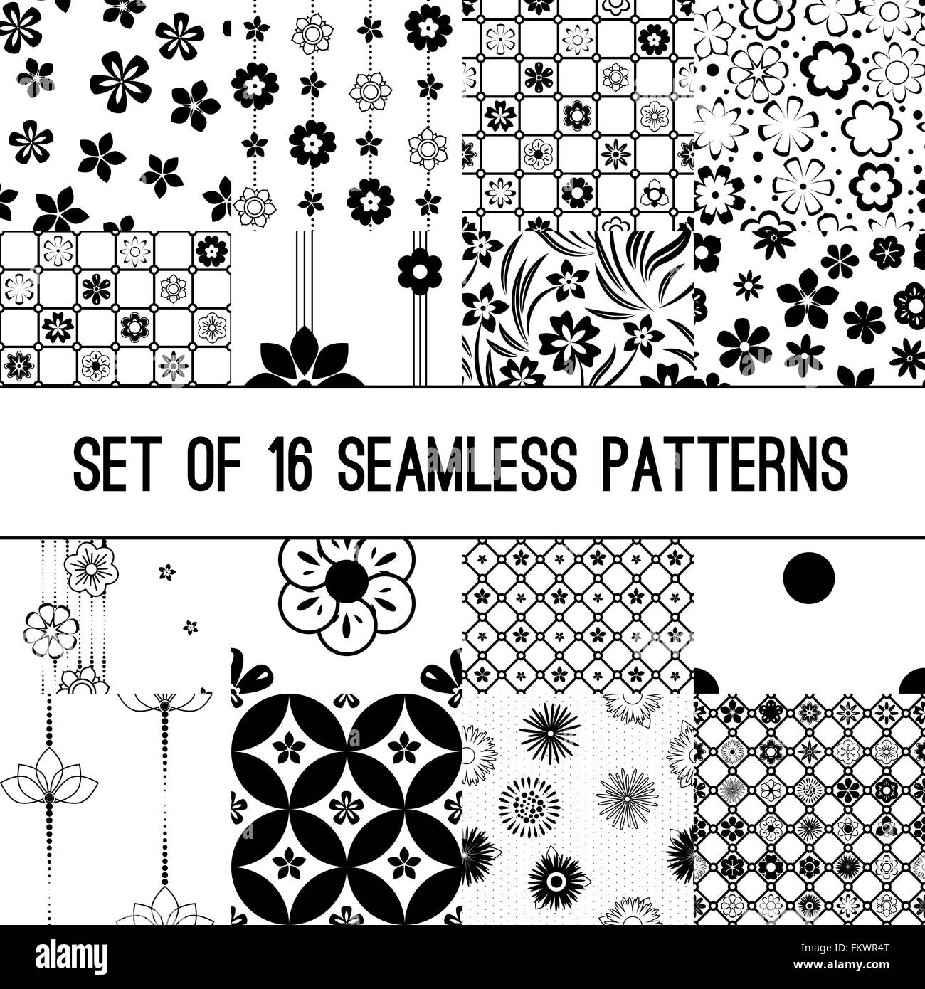 Set of black and white vector intricate patterns of flowers Stock ...