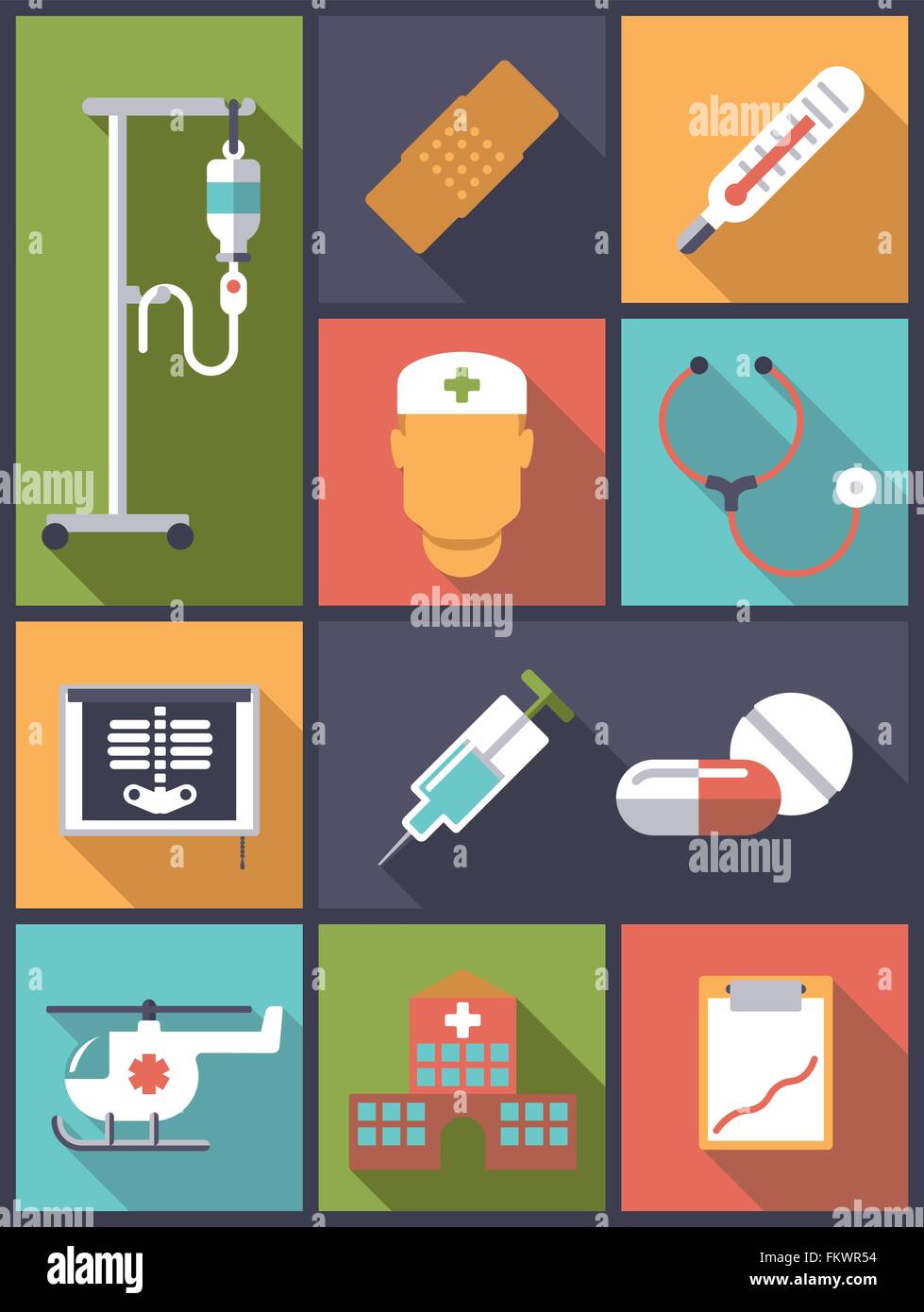 Vertical flat design illustration with various medical and health care ...