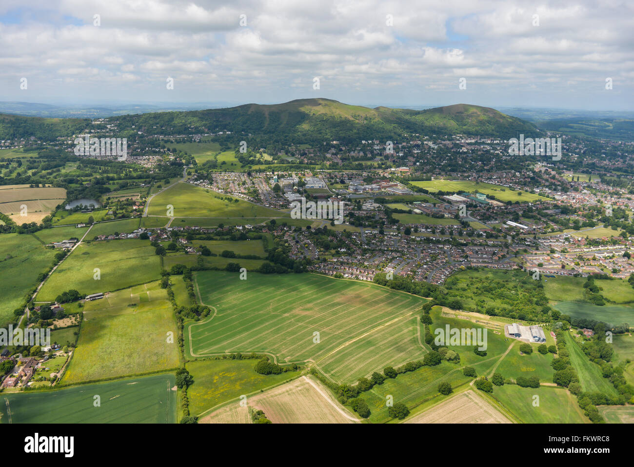 An aerial view of the Worcestershire town of Malvern with the Malvern ...