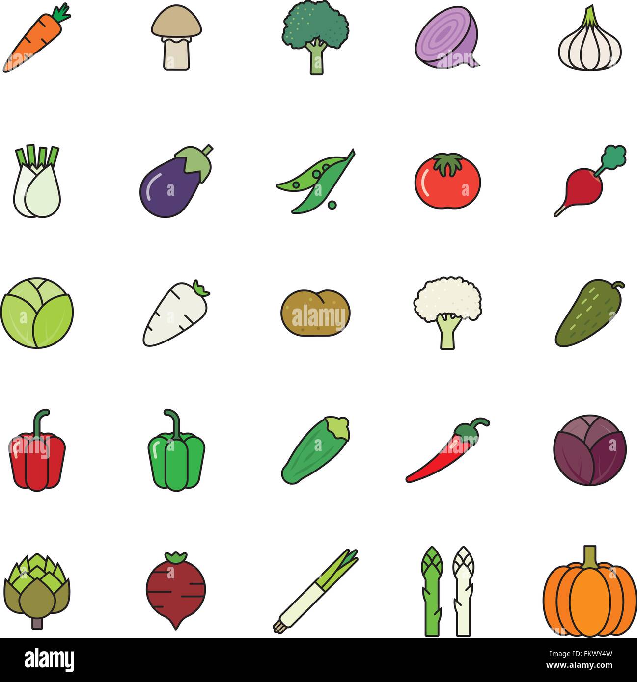 Collection of vegetables filled outline icons isolated on white ...