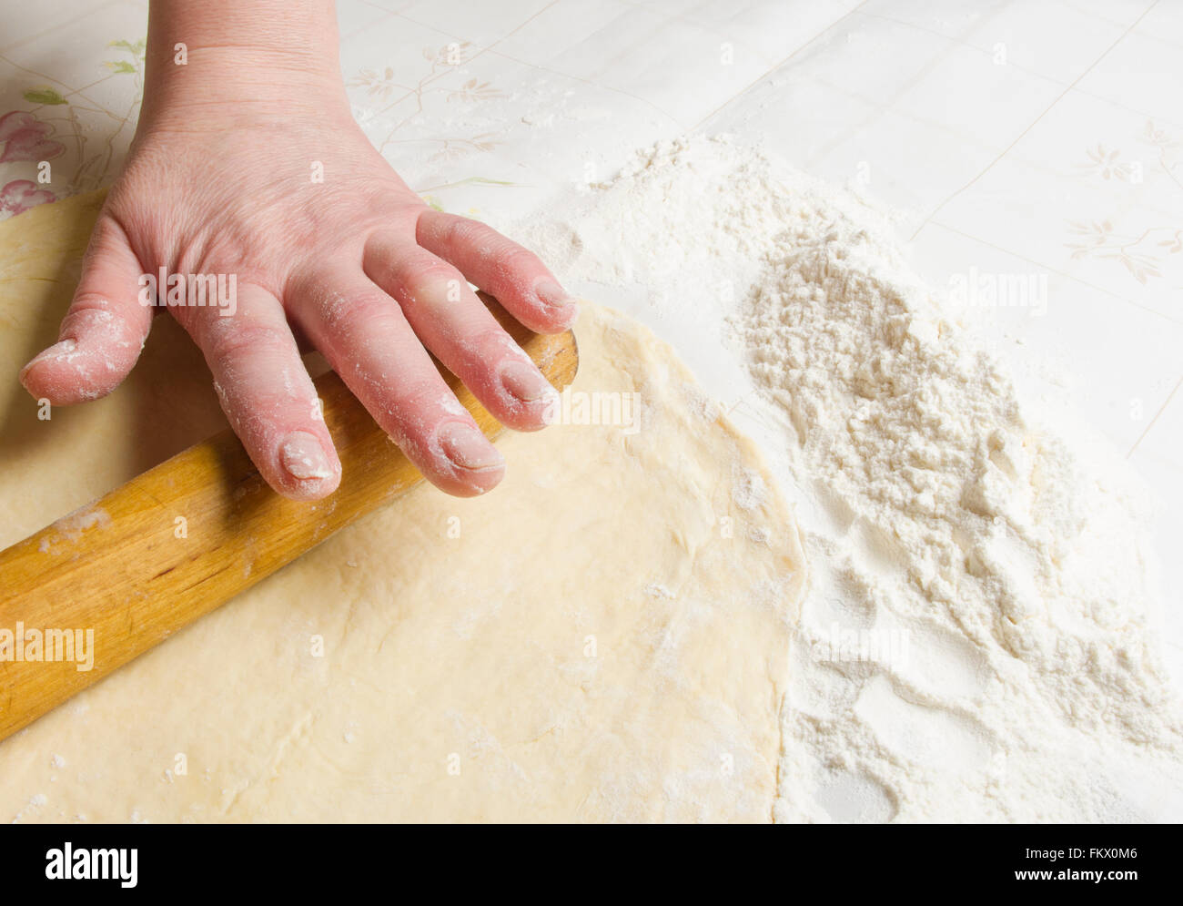 Making dough by female hands on wooden table background Stock Photo - Alamy