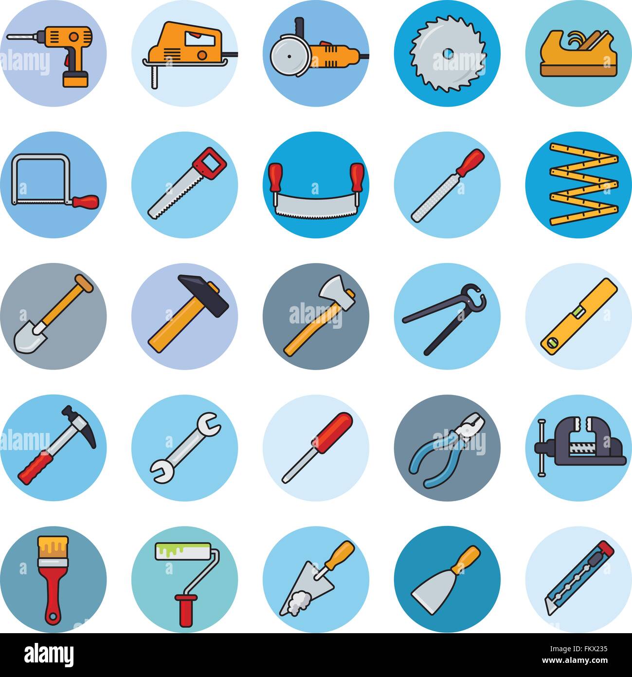 Collection of filled line tools and crafting icons in blue circles ...