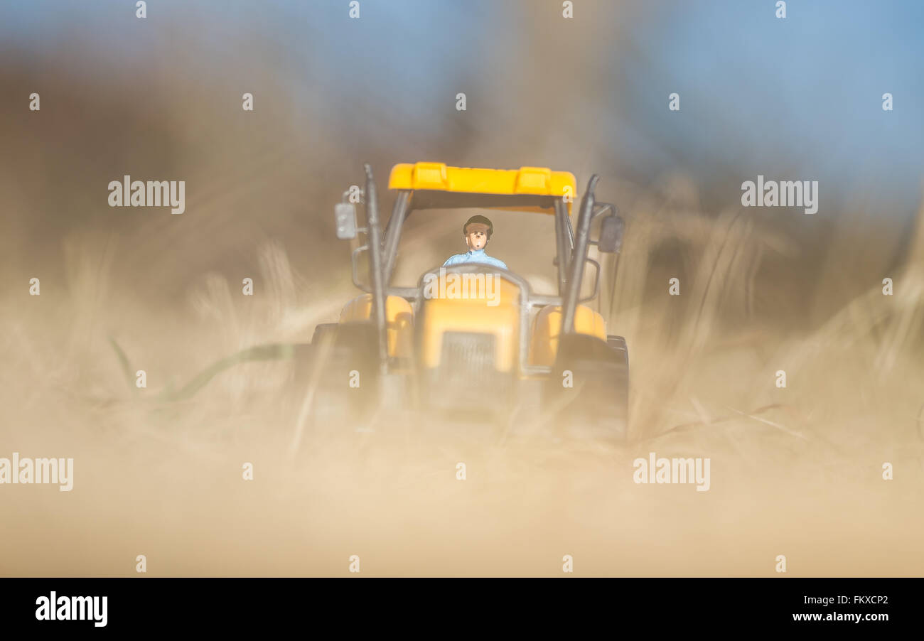 Small yellow toy tractor in yellow grass Stock Photo - Alamy