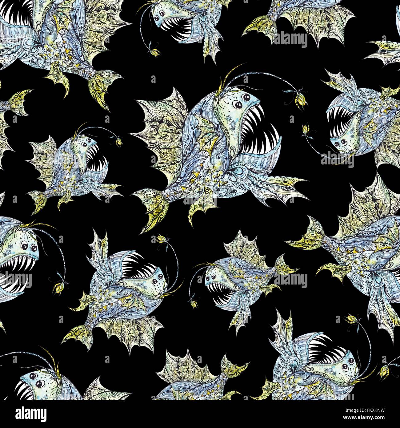 Seamless watercolor marine texture with cartoon sketch monkfish on ...