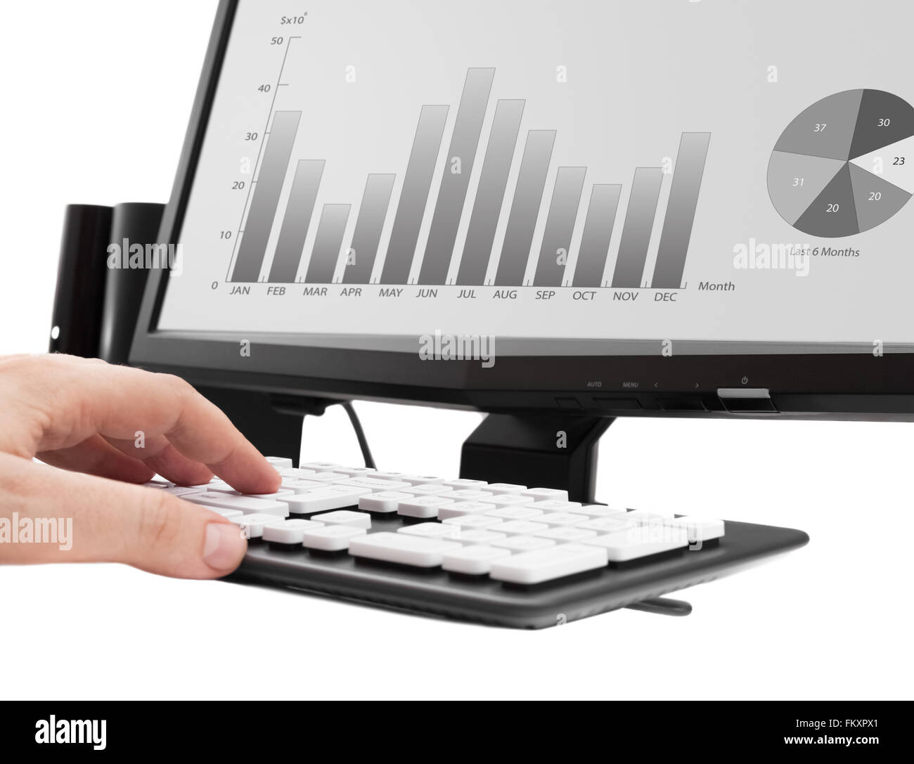 working on office computer. Income analysis graphics on computer ...