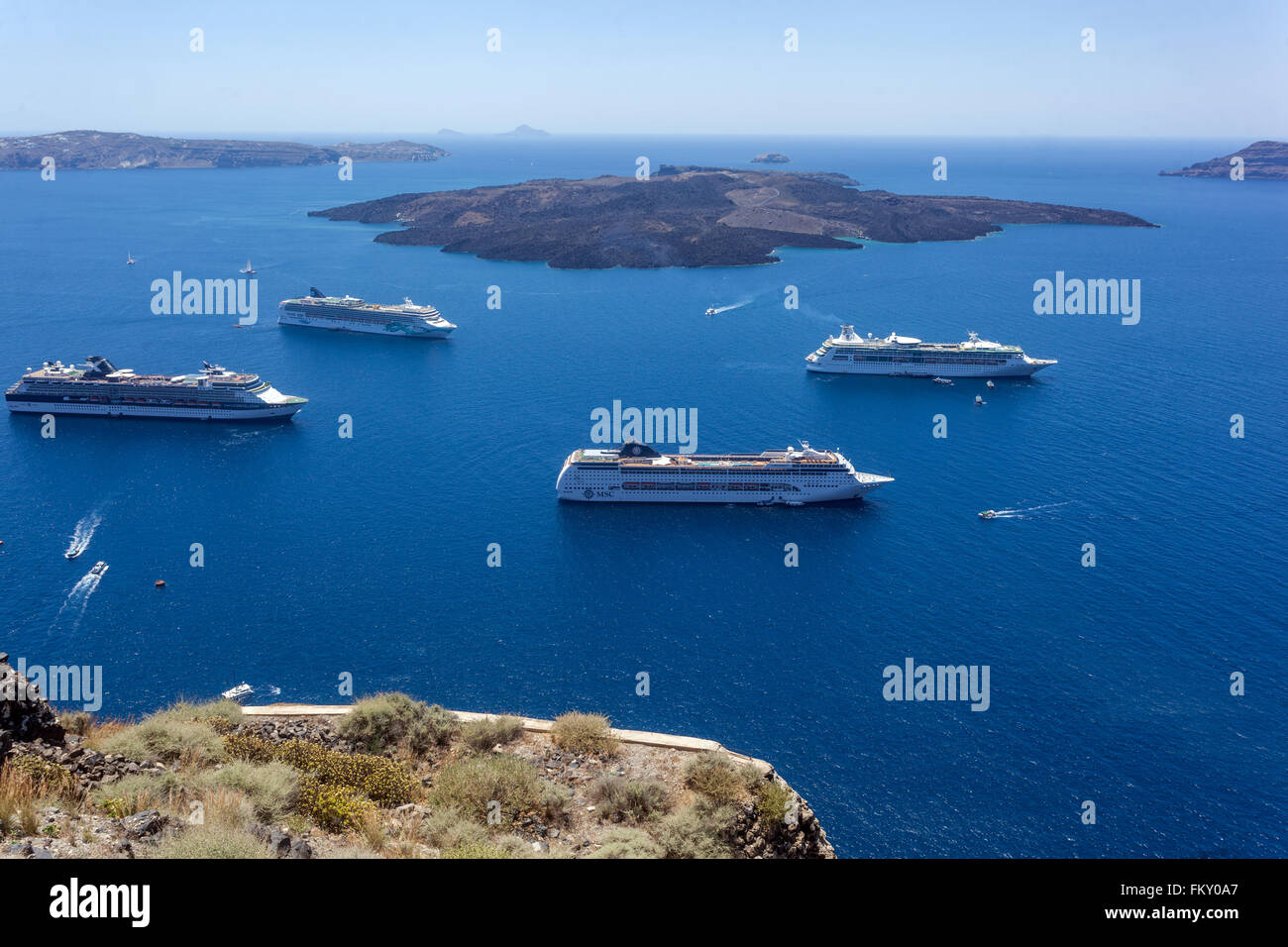 Greece Santorini cruise ships moored in the caldera bay, Greek Islands ...