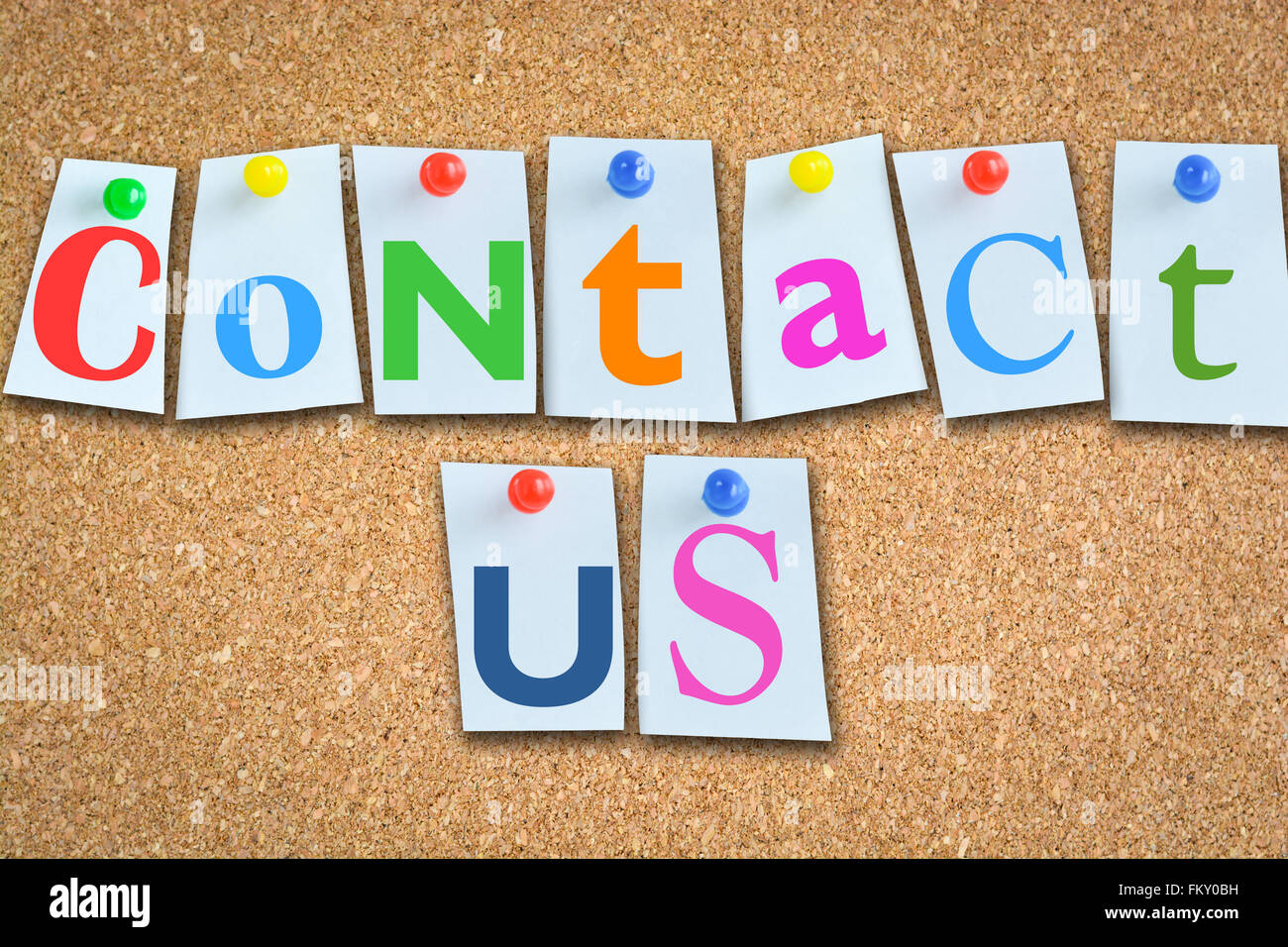Contact us concept with memo papers on cork billboard and pins Stock ...