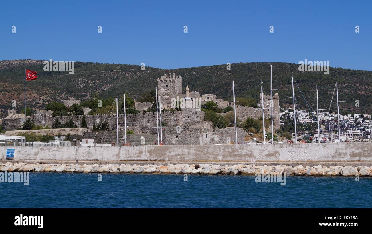 Bodrum Castle, Turkey image taken from the ocean side with hillside in ...
