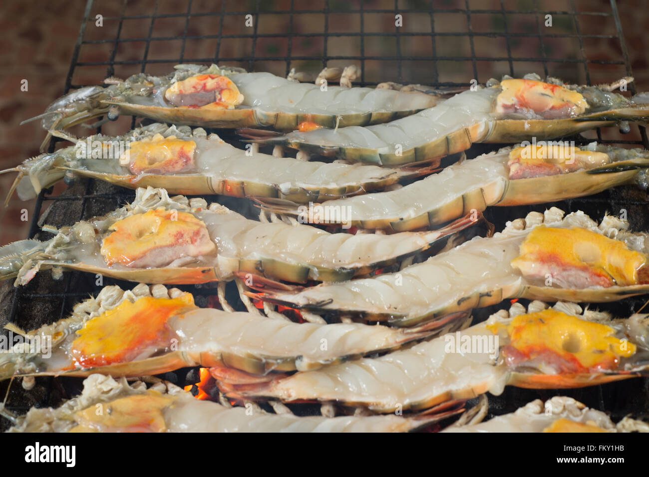 Grilled giant river prawn on bbq stove Stock Photo - Alamy