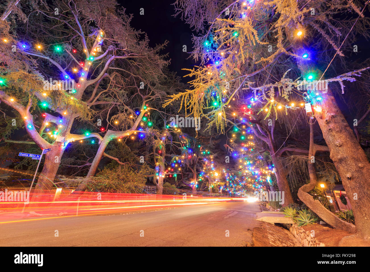 Famous tree lights of Christmas Tree Lane at night, Los Angeles Stock ...