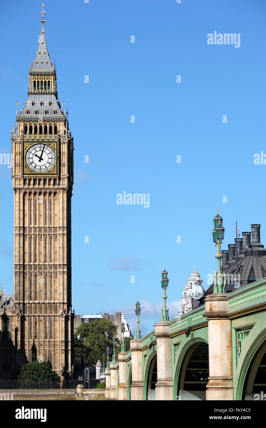 Big Ben clock tower and Westminster Bridge viewed from the south bank ...