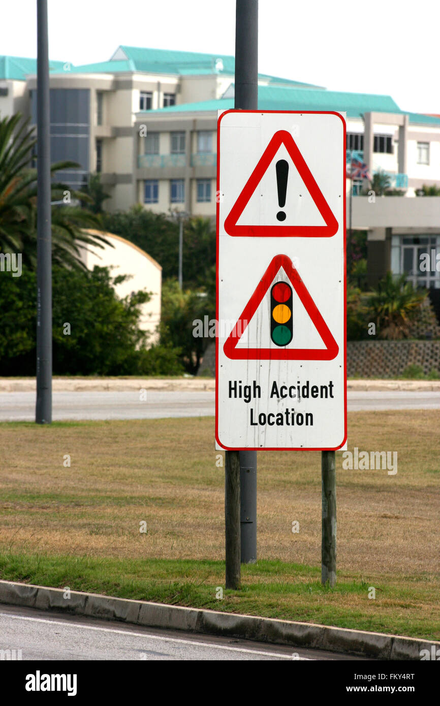 Warning sign at high accident area Stock Photo - Alamy