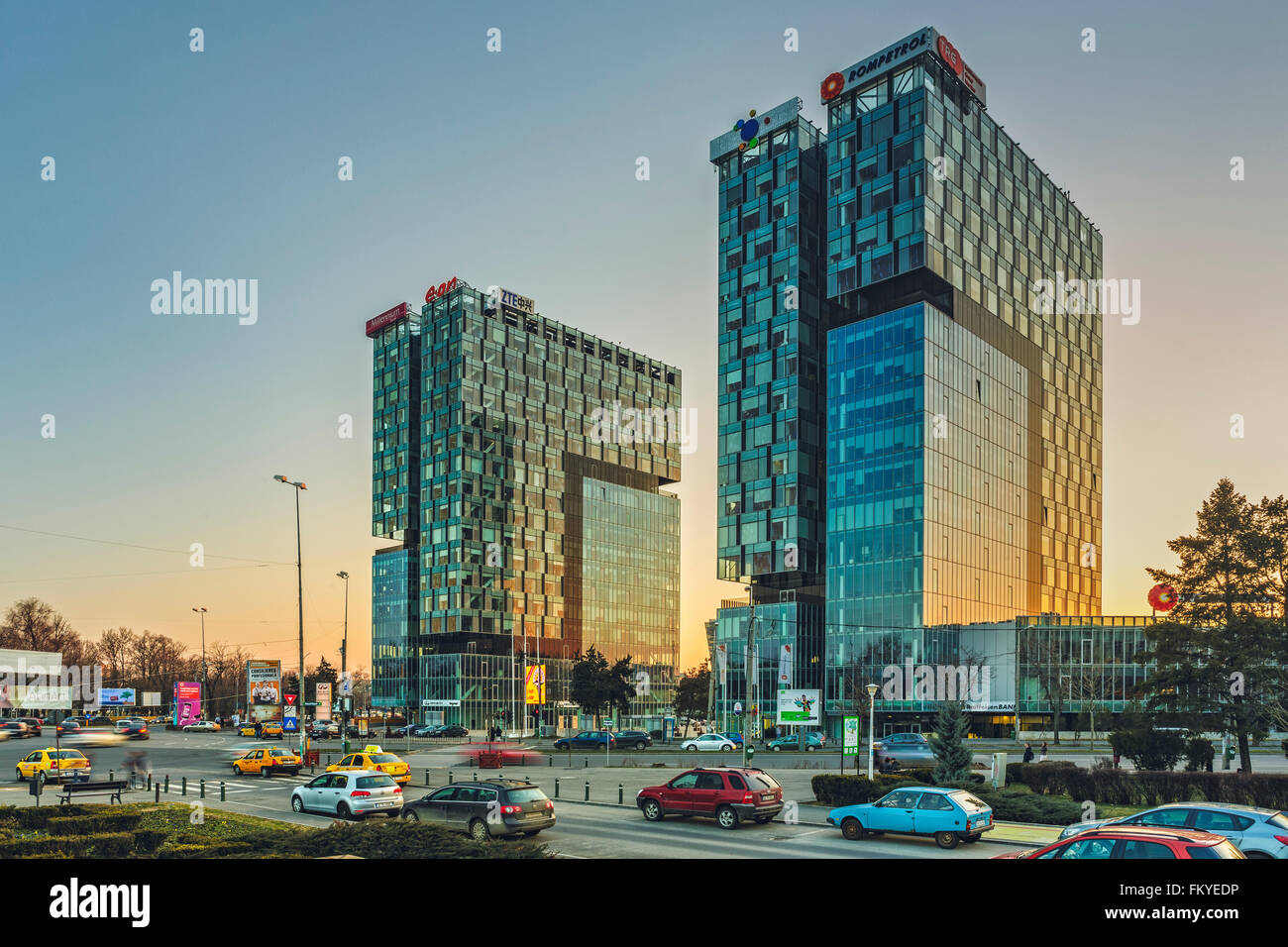 Bucharest, Romania - March 03, 2013: City Gate Twin Towers at sunset ...