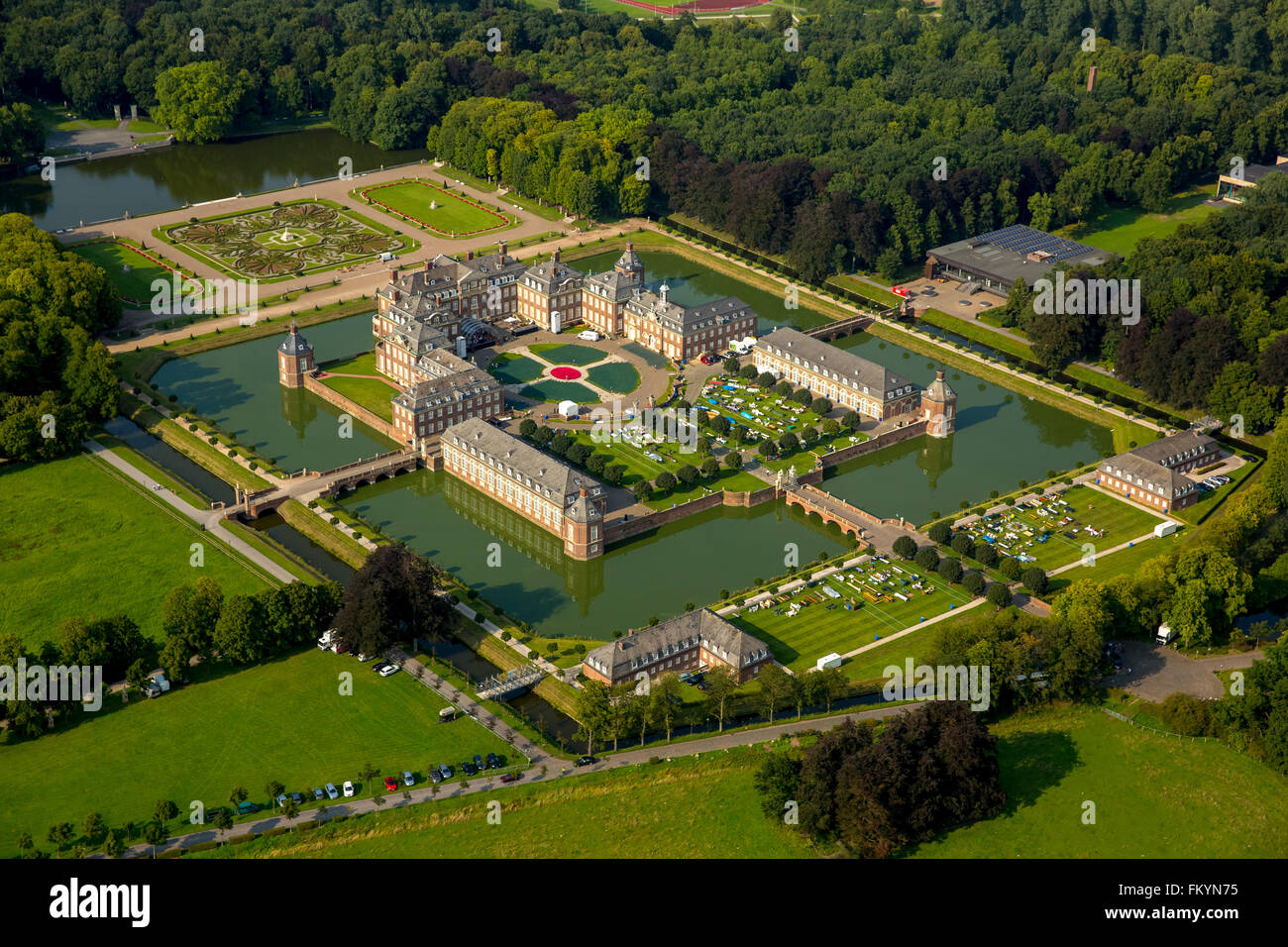 Aerial view, moated castle, baroque palace and garden, classical open ...