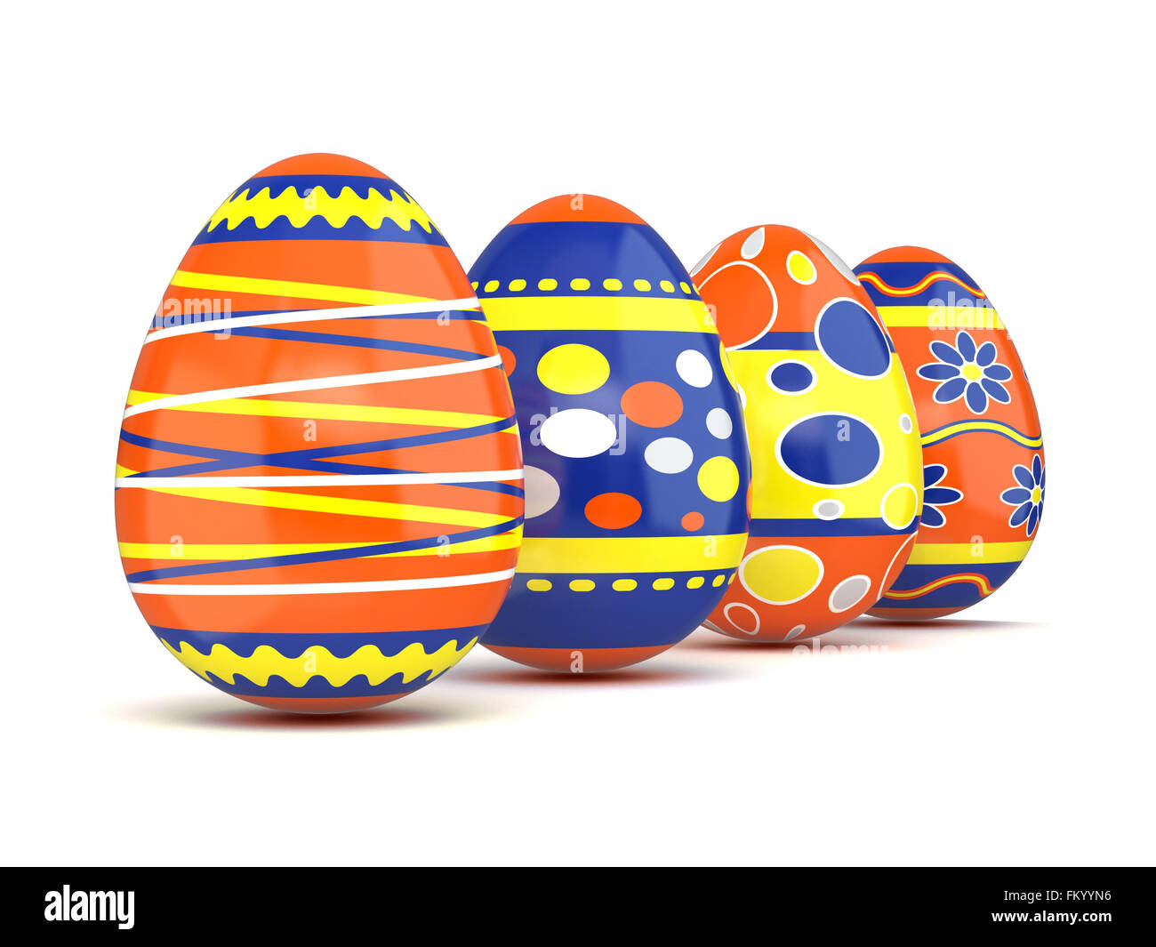 Row of colorful spring Easter eggs. 3D render illustration isolated on ...