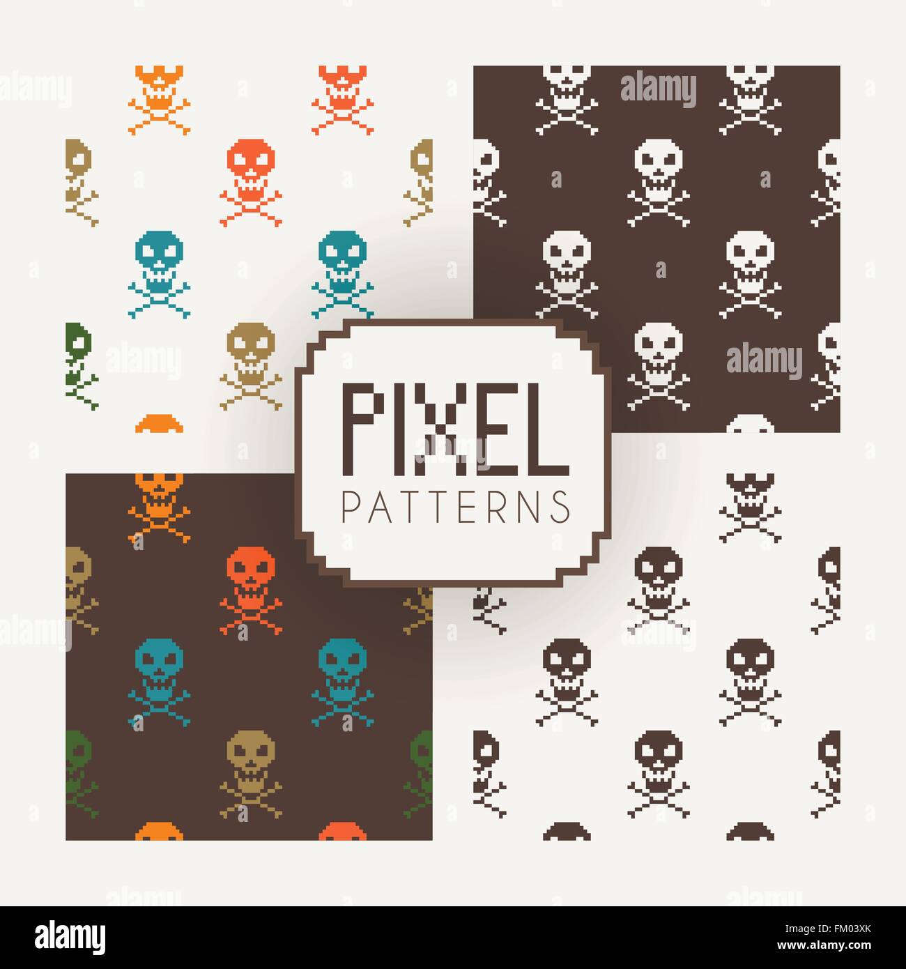 Set of vector seamless colorful and monochrome patterns of pixel skulls ...