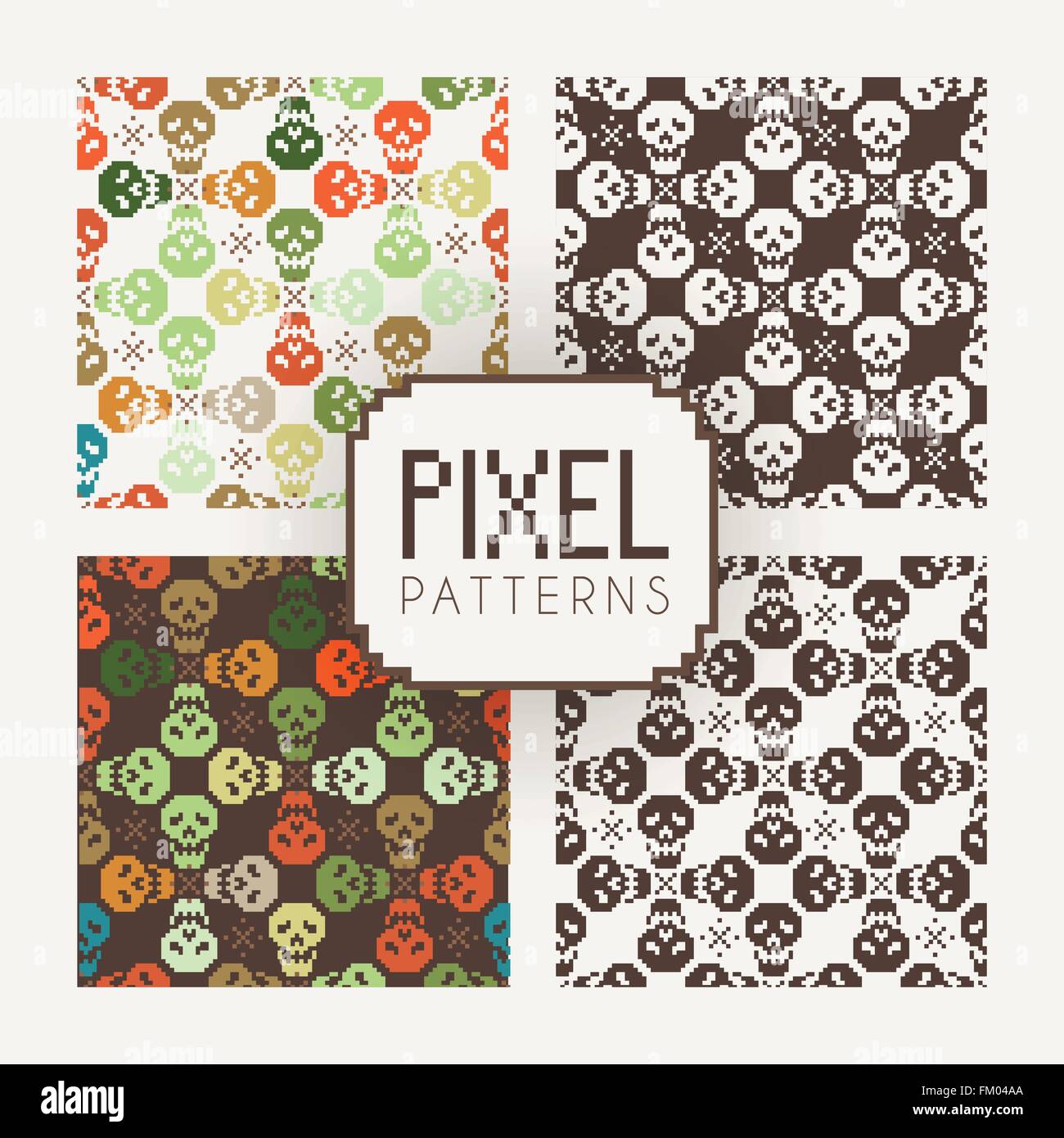 Set of vector seamless colorful and monochrome patterns of pixel skulls ...