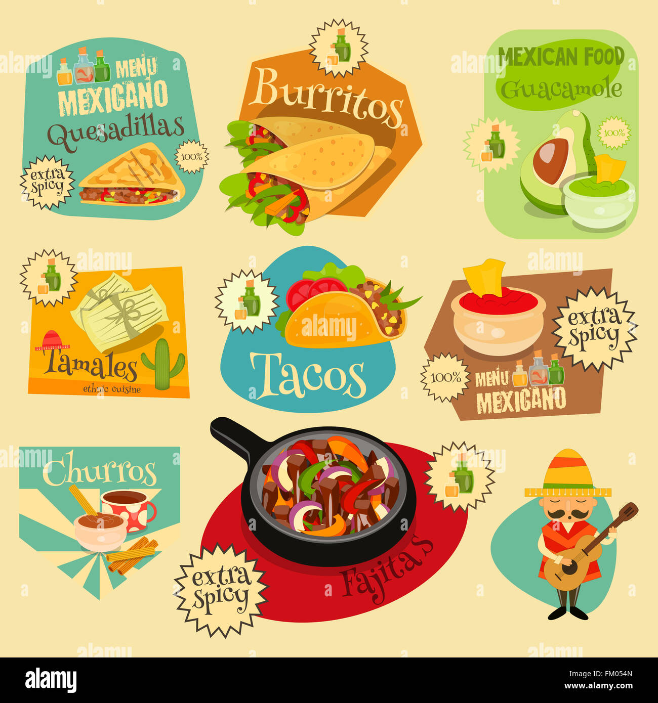 Mexican Food Menu Mini Labels Set with Traditional Spicy Meal Stock ...