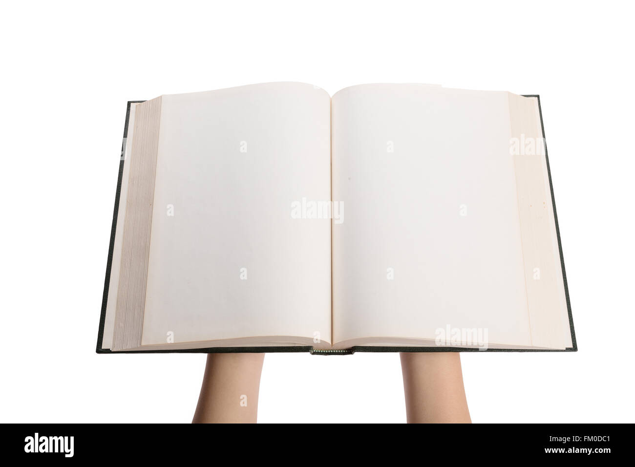Blank white pages in an open hardcover book isolated on a white ...