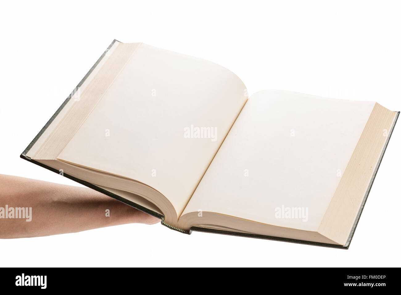 Blank white pages in an open hardcover book isolated on a white ...
