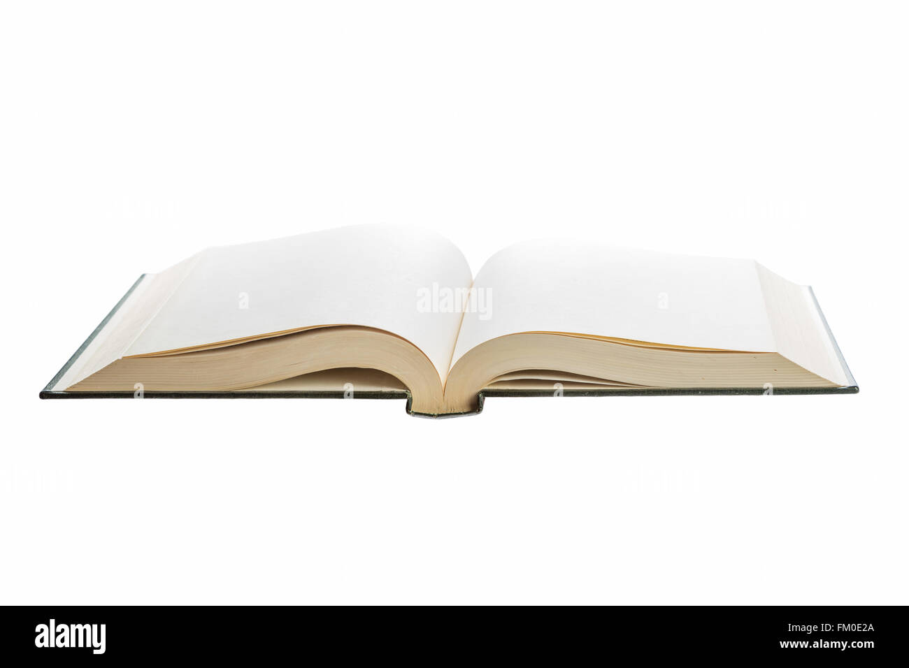 Blank white pages in an open hardcover book isolated on a white ...