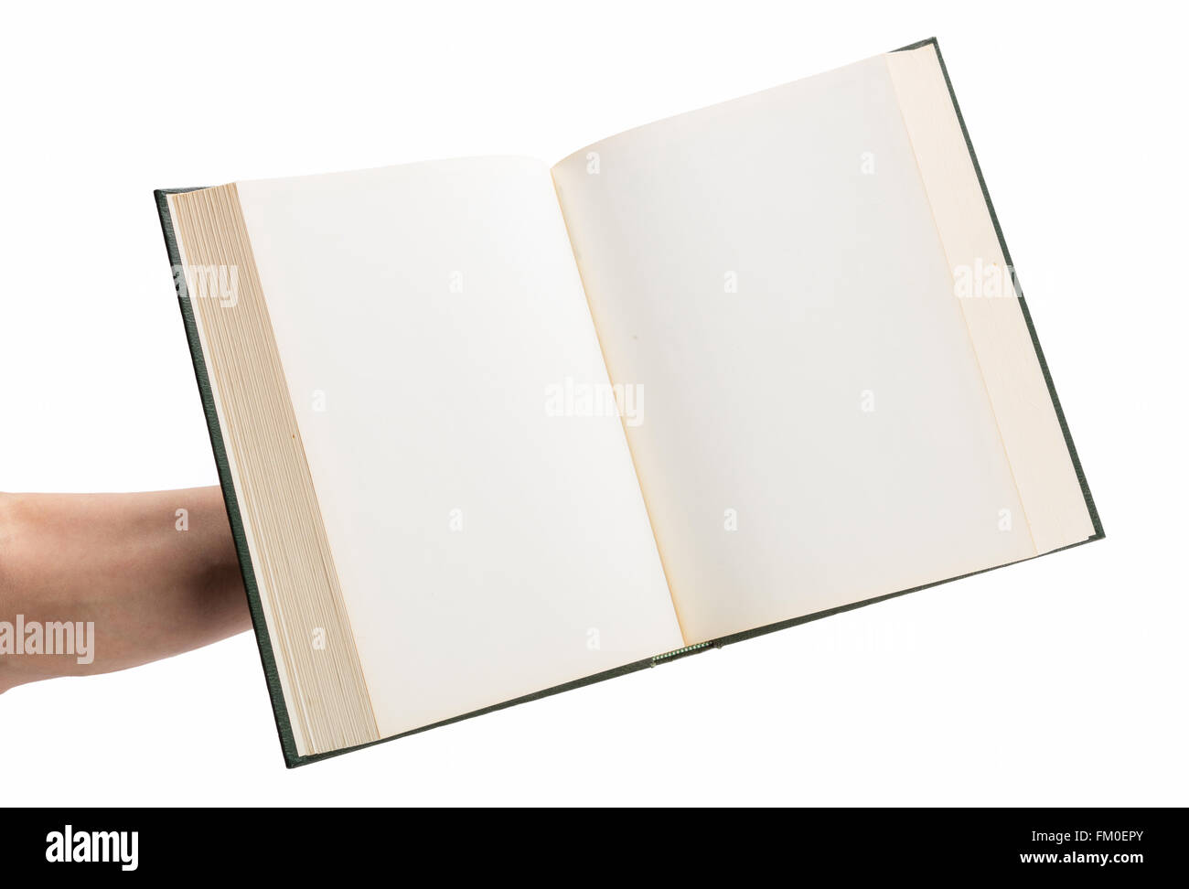 Blank white pages in an open hardcover book isolated on a white ...