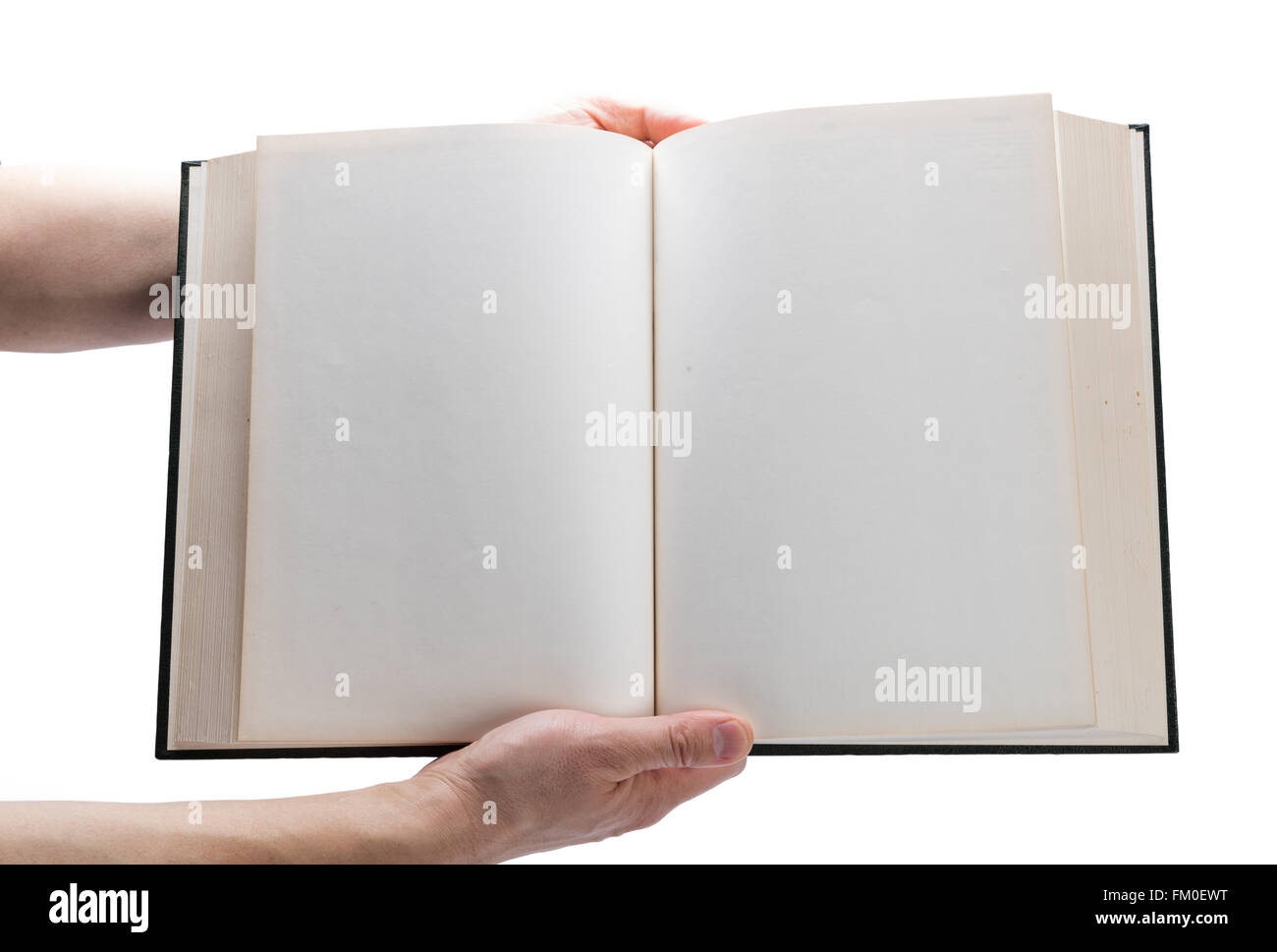 Blank white pages in an open hardcover book isolated on a white ...