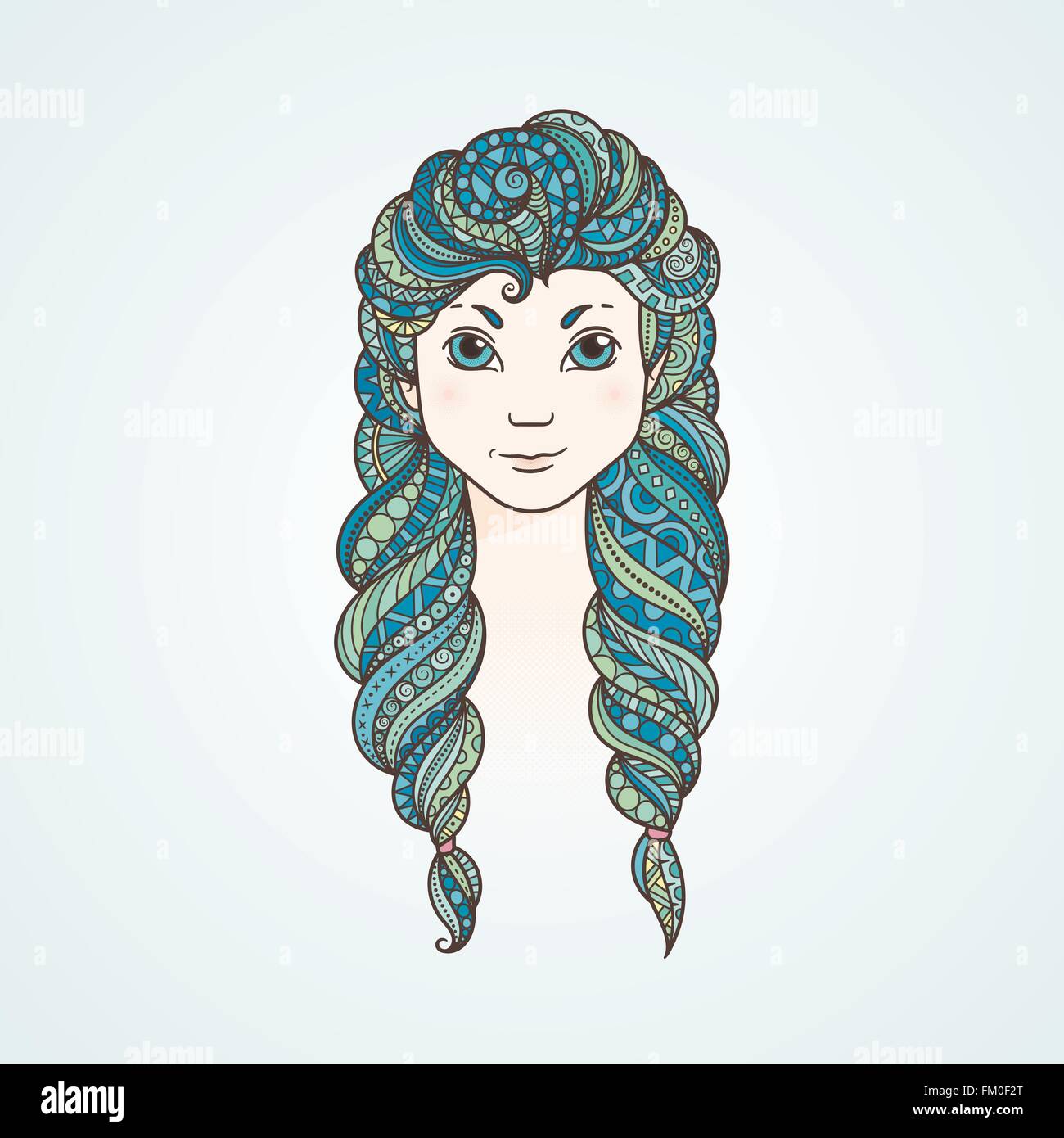 Portrait of a cute long-haired girl with braids and a stern look Stock ...