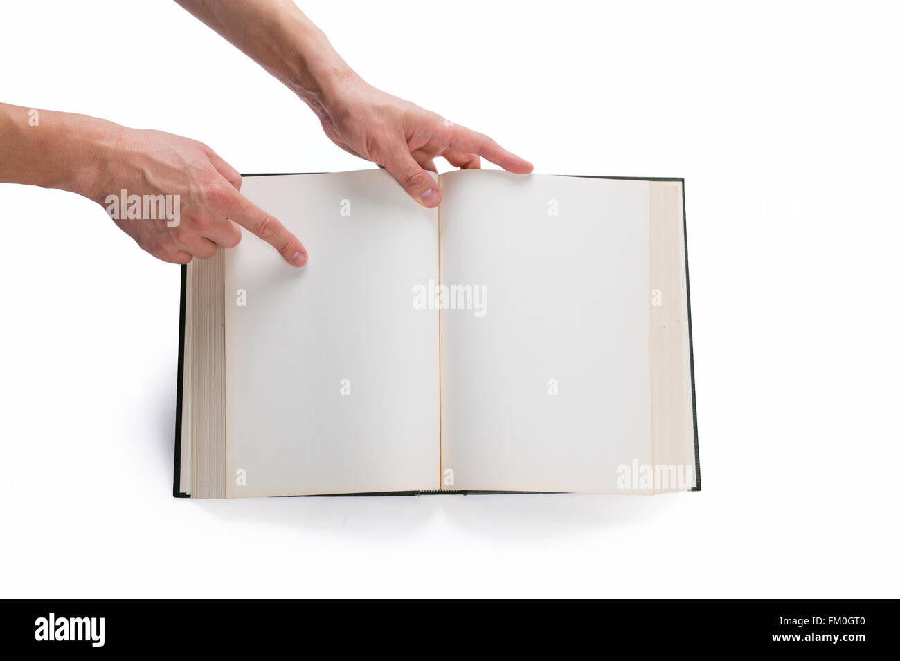 Blank white pages in an open hardcover book isolated on a white ...