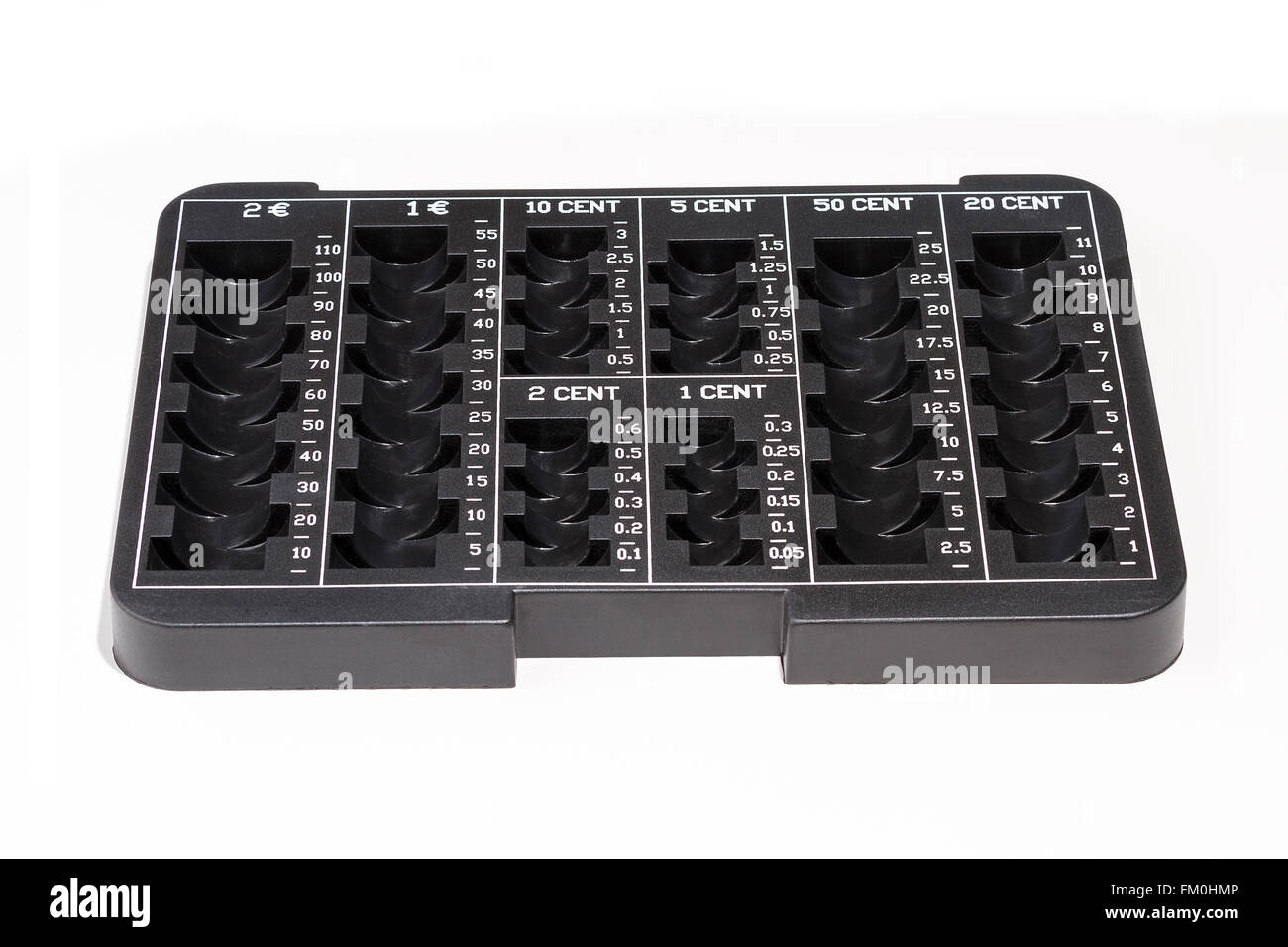 plastic organizer of euro coins of black color on white background ...