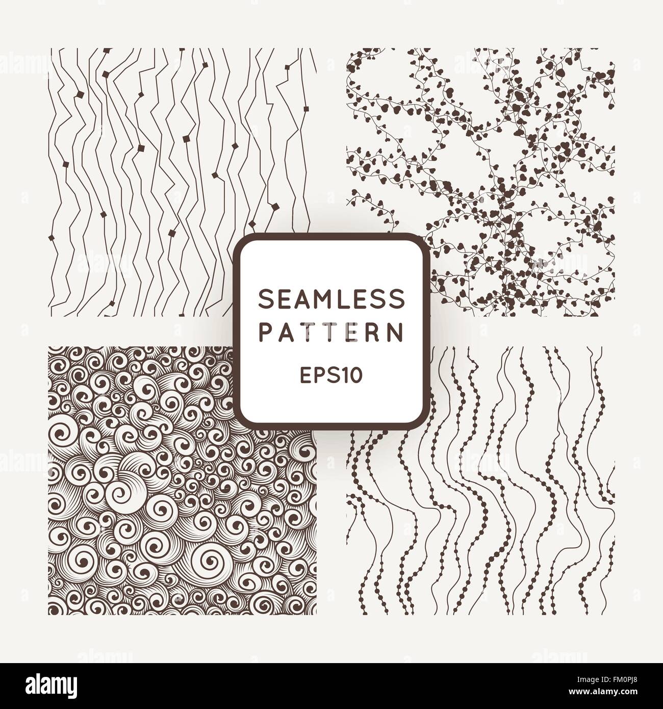 Set of vector seamless patterns: curves with beads, threads with hearts ...