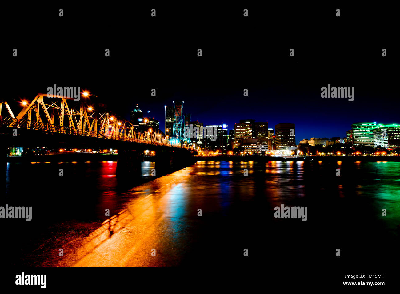 Gorgeous scenery in Portland waterfront night illumination of colored ...