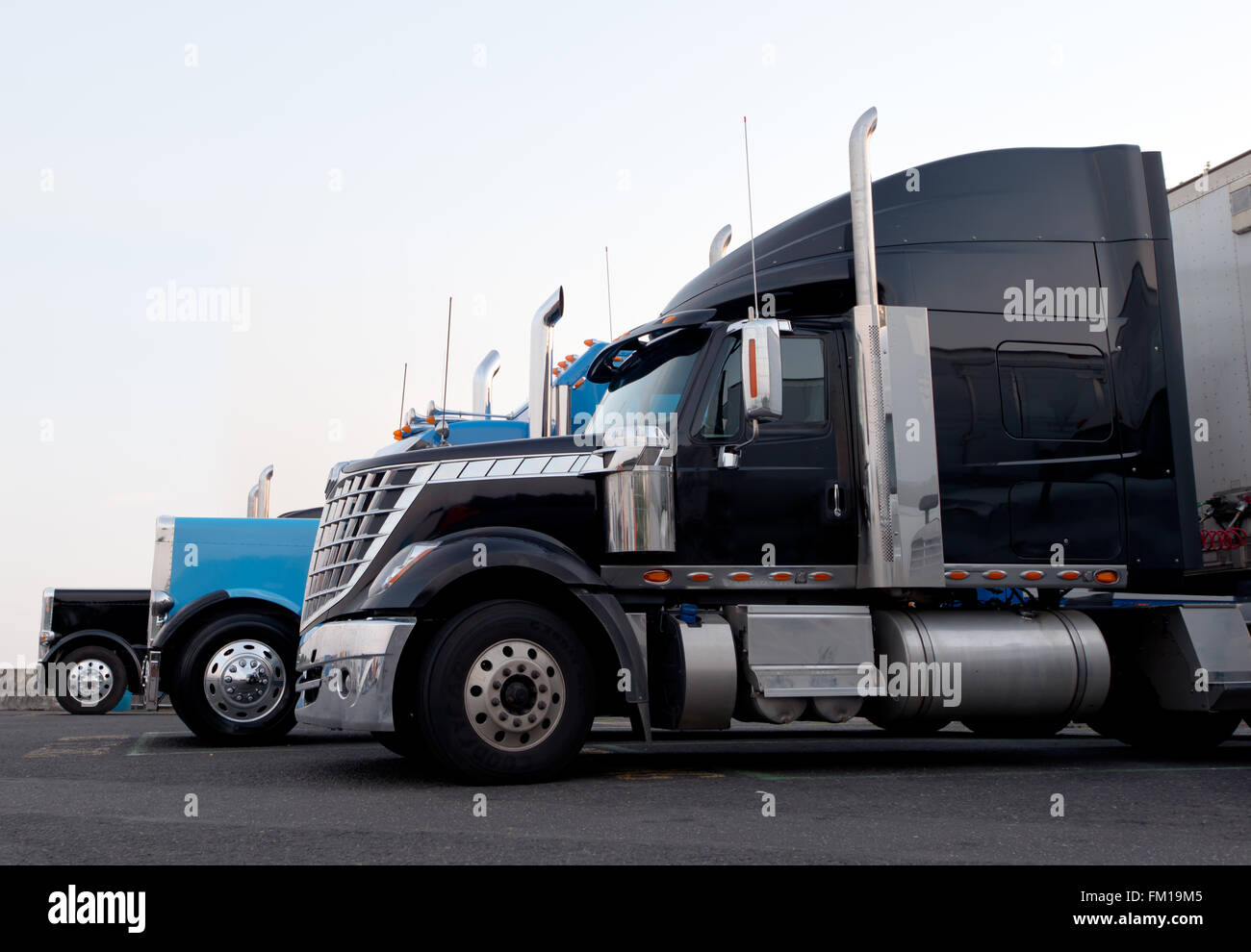 Several modern semi trucks with chrome pipes and bars in a row standing ...