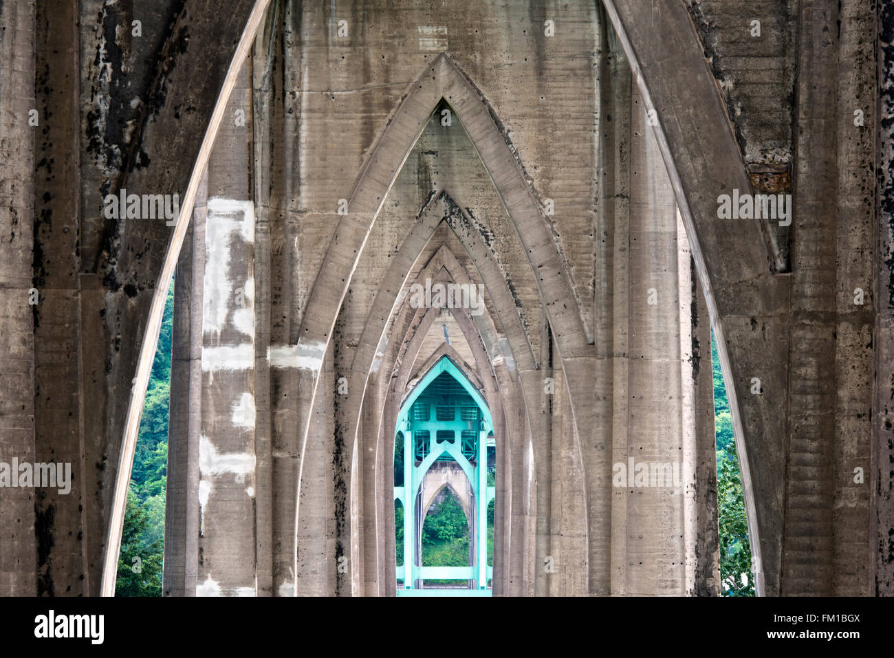 Symmetrical arched concrete St Johns bridge supports In the Gothic ...