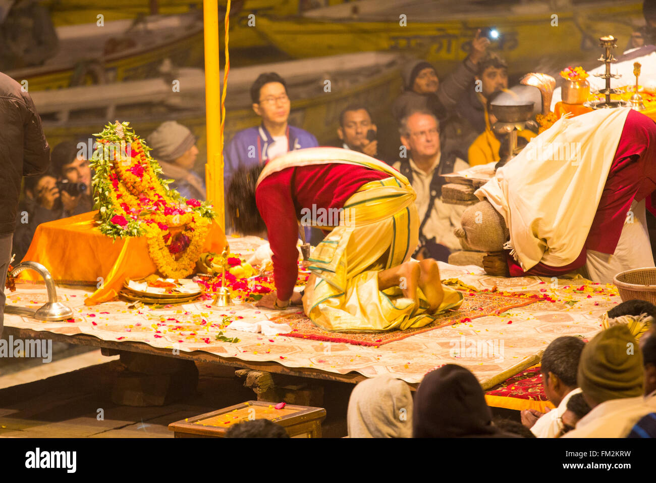India,Uttar Pradesh,Varanasi. Evening puja (religious ceremony) on the ...