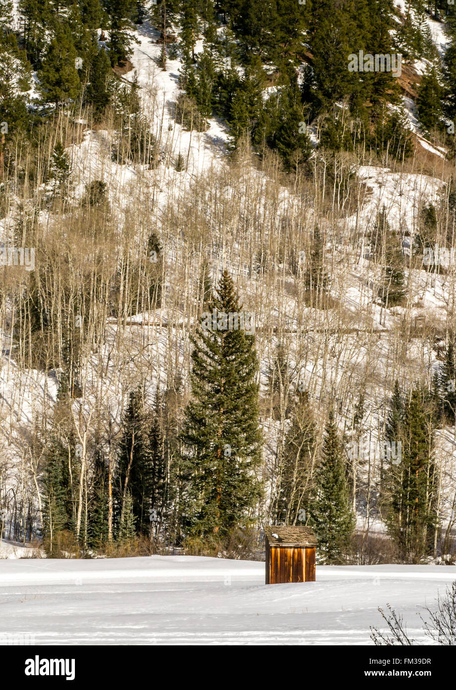 Outhouse in winter at the bottom of a snow covered mountain Stock Photo ...